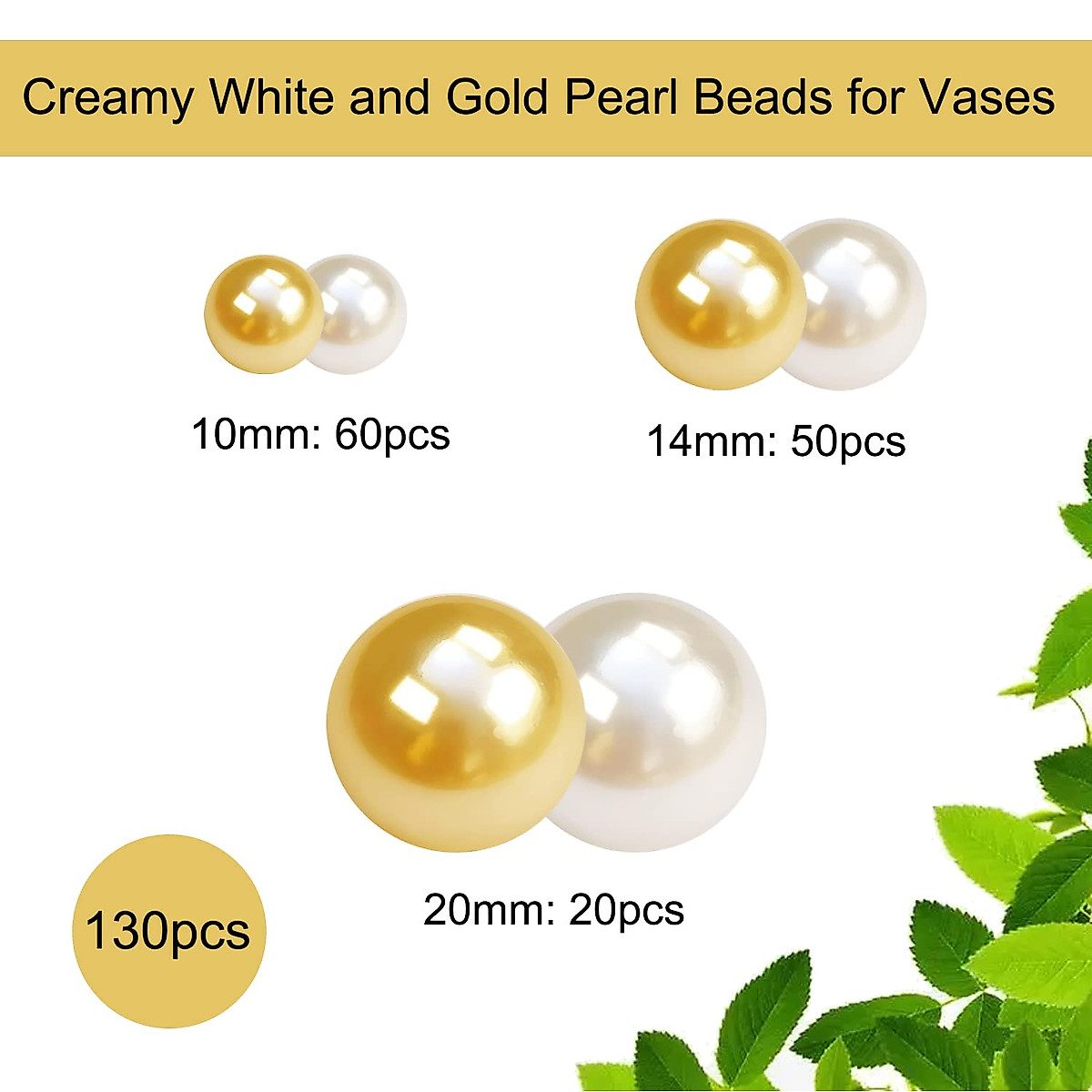 LWQYHTT Pearl for Vase Filler and Transparent Water Gels No Hole Pearl Beads for Wedding Centerpiece Home Table Decor, Pearls for Brush Holder 130PCS (Creamy White, Gold)