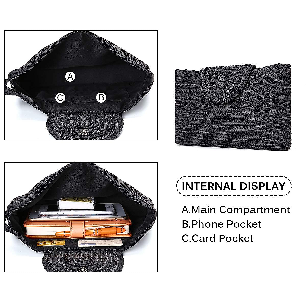 Kadell - Women Clutch, Summer Straw Handbag Seashell Straw Bag Summer bag (Black)