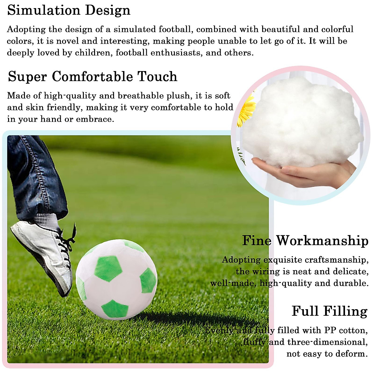 zhidiloveyou 9" Plush Soccer Ball Stuffed Toy, Plush Football Pillow Soccer Gift for Kids, White-Green