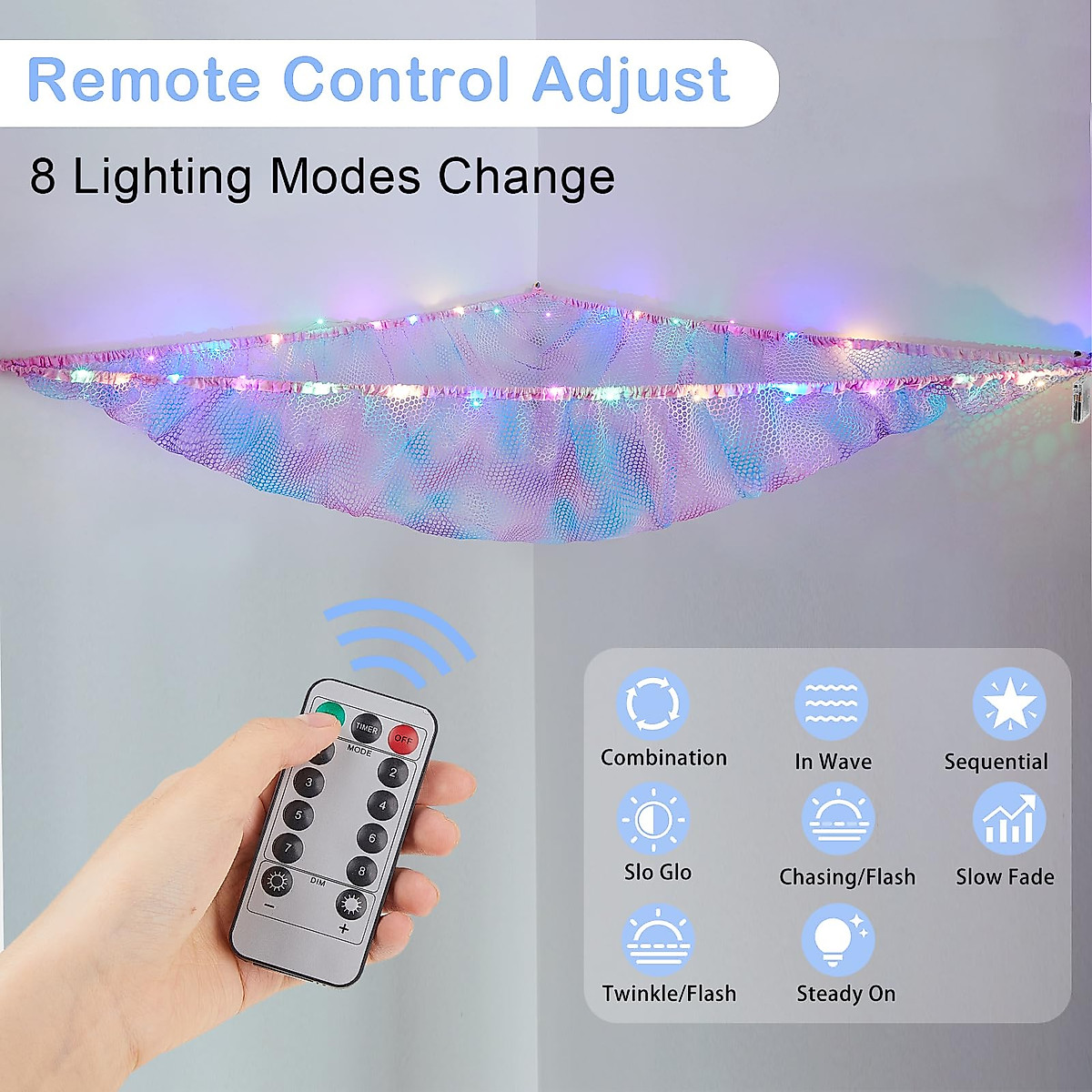 Basumee Stuffed Animals Net or Hammock with LED Light Hanging Toy Net Hammock for Stuffed Animals Storage Stuff Animals Hammocks for Nursery Kids Room with Remote Control, 8 Kinds of Lights(Pack of 1)