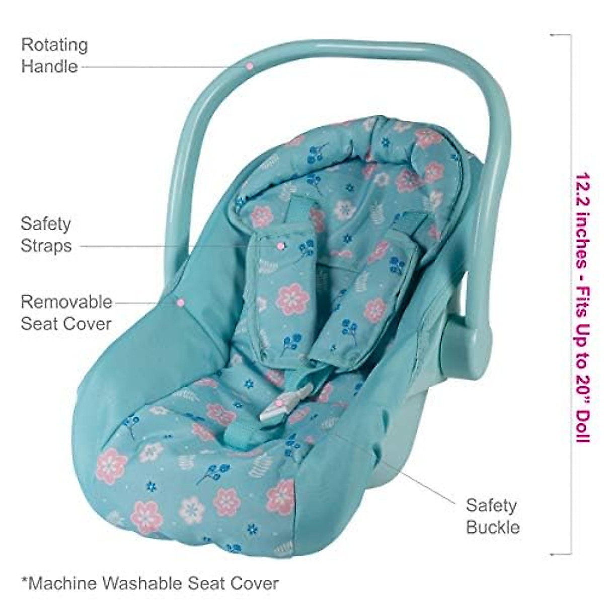 Adora Baby Doll Car Seat with with Removable Seat Cover - Machine Washable, Fits Most Dolls & Plush Animals Up To 20”, Birthday Gift For Children Ages 2+ - Blue Flower Power