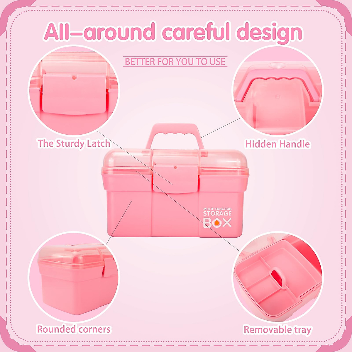 TERGOO 11in Mutipurpose Storage Box Organizer with Removable Tray, Portable Small Craft Box with Handle, Plastic Clear Tool Box Art Case for Makeup, Sewing, Nail, Hair Accessories (Pink)