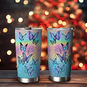 20oz Colorful Tie Dye Butterfly Tumbler, Gifts for Butterfly Lovers, Coffee Thermos for Women, Stainless Steel Double Wall Vacuum Insulated Coffee Mug, Travel Cup with Lid