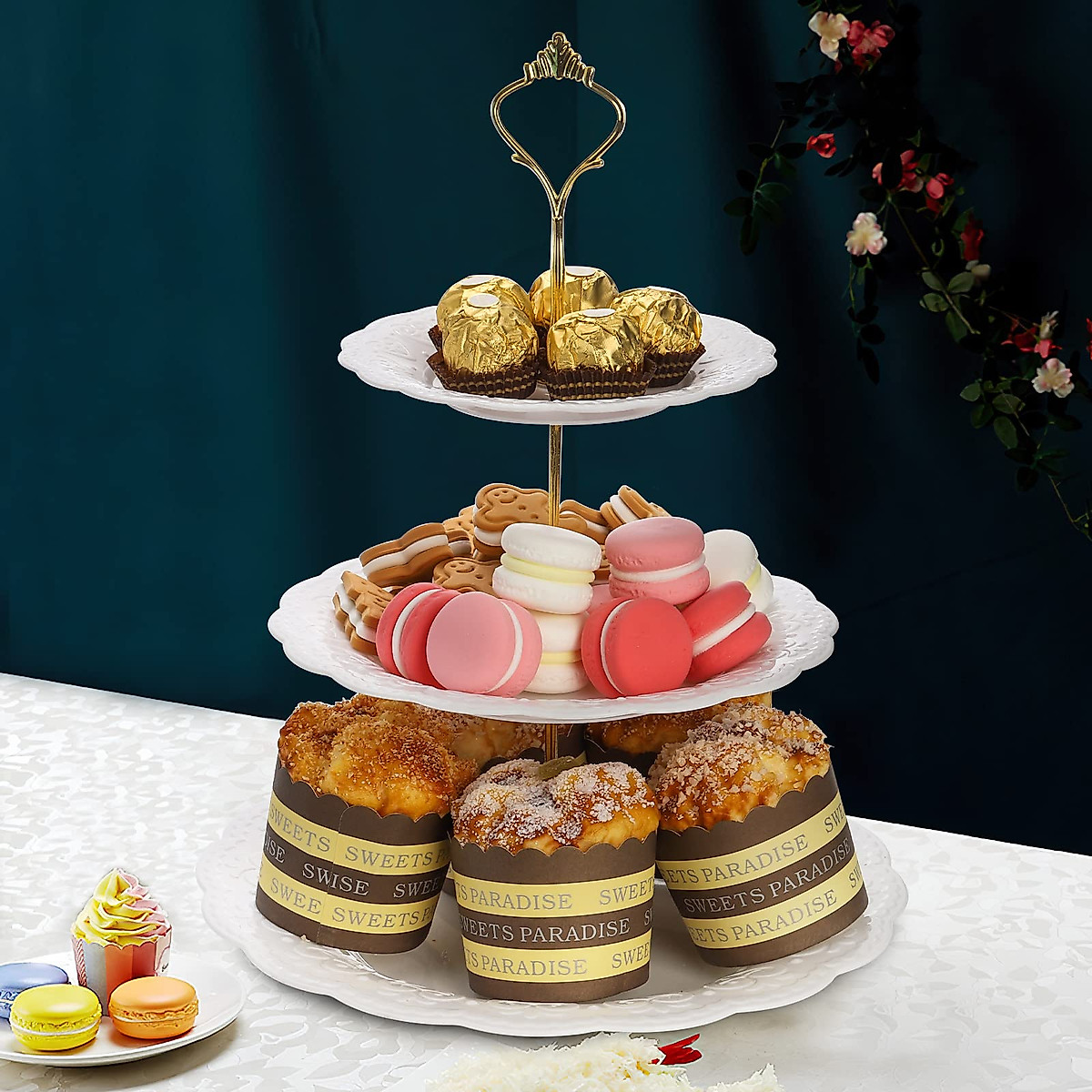 Coloch 3 Pack 3 Tier Plastic Cupcake Stands, White Cupcake Display Tower Cupcake Holder Pastry Snack Serving Plate for Buffet, Party, Birthday, Wedding, Baby Shower, 6/8/10 Inch