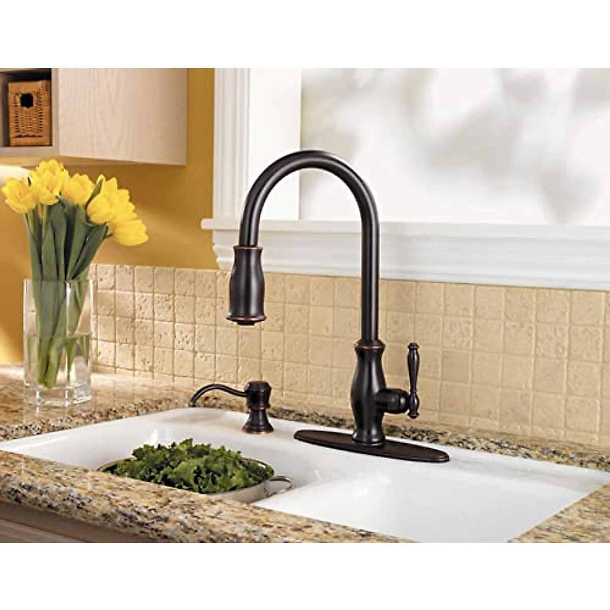 Pfister GT529-TMY Hanover 1-Handle Pull-Down Kitchen Faucet with Soap Dispenser, Tuscan Bronze