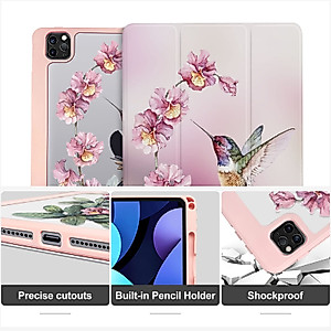 HONNKY for iPad Air 5th/ 4th Generation Case 10.9 Inch (2022/2020),iPad Pro 11 Inch Case with Pencil Holder, Auto Wake/Sleep, Trifold Stand Smart Case with Clear Transparent Back(Flower Hummingbird)