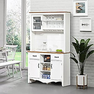 HOMCOM 71" Kitchen Buffet with Hutch, Farmhouse Style Storage Pantry with 2 Drawers, 3 Door Cabinets and 3 Shelves, White