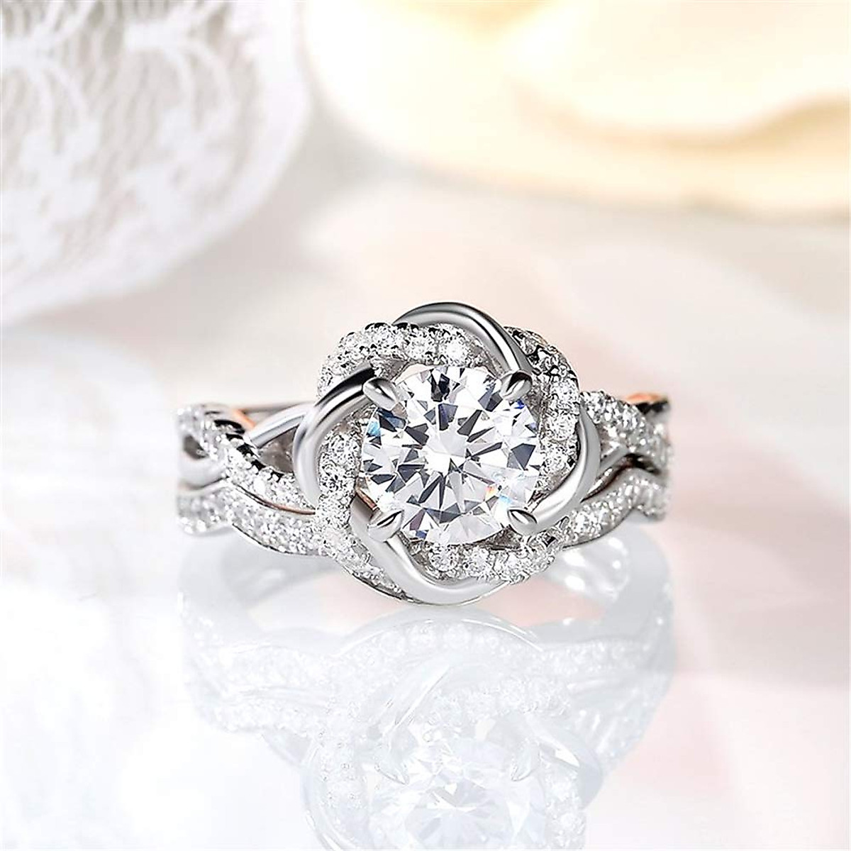 Jeulia 2.5 Carat Halo Solitaire Engagement Rings Women 925 Sterling Silver Floral Flower Rings White Diamond Eternity Band Ring Round Cut Bridal Ring Set Anniversary Promise Rings for Her