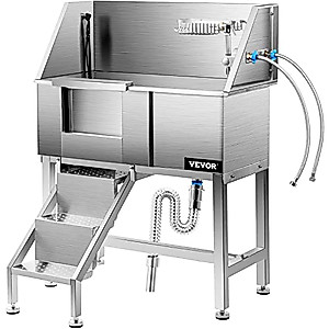 VEVOR 34" Pet Grooming Tub Stainless Steel Dog Wash Station Pet Washing Station and Dog Bath Tub Water-Resistant Grooming Tub for Dogs with Removable Door & Ladder on The Left