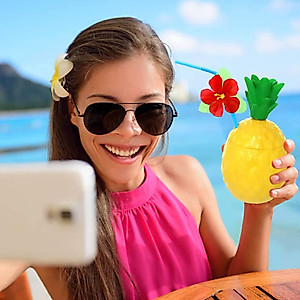 Haundry 18 Coconut Pineapple Cups with 18 Straws, 18 Cocktail Drink Picks, Hawaiian Luau Tiki and Beach Theme Party Decorations for Kids and Adults