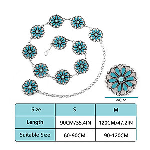 Navoky Turquoise Chain Belts Concho Belt Silver Metal Western Waist Chain Retro Boho Outfit Accessories for women (A, Medium)