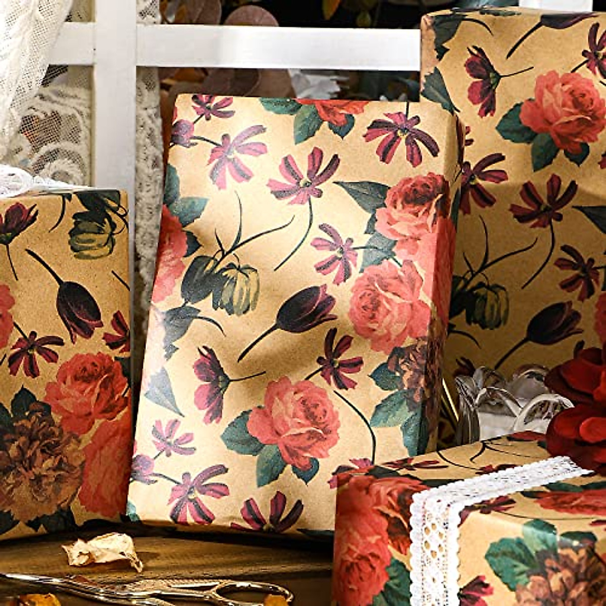 BIOBROWN Red Kraft Wrapping Paper Roll Fushcia Floral Design Perfect for Birthday Wedding Mother's Day Baby Shower Wrap 17 inch X 32.8 feet