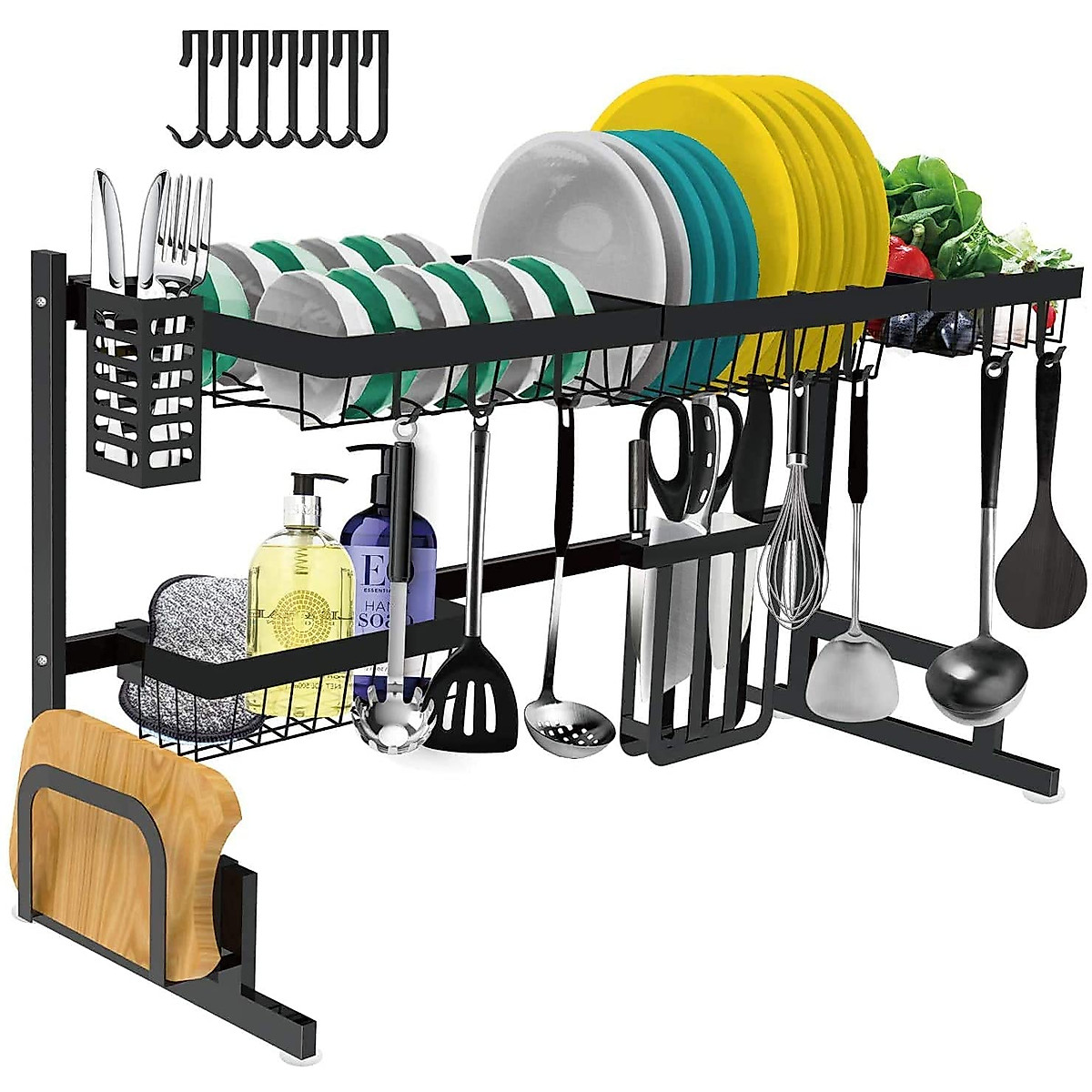 Dish Drying Rack Over The Sink, Adjustable（33.5-40.5in） Large Dish Rack Drainer for Kitchen Organization Storage Space Saver Shelf Holder with 7 Utility Hooks Dish Rack Over Sink【Fit Sink 32"- 39" L】