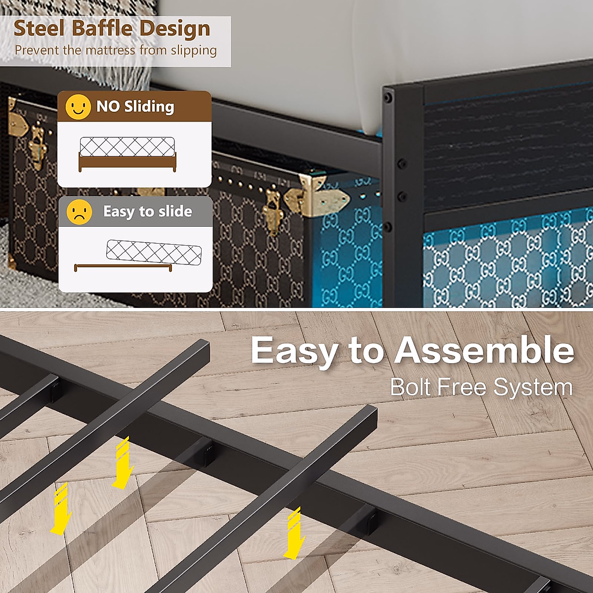 CollaredEagle Full Size Bed Frame with Headboard, Metal Bed Frame with Charging Station and LED Lights, Heavy Duty Bed with Storage Shelves,Noise Free(Black)