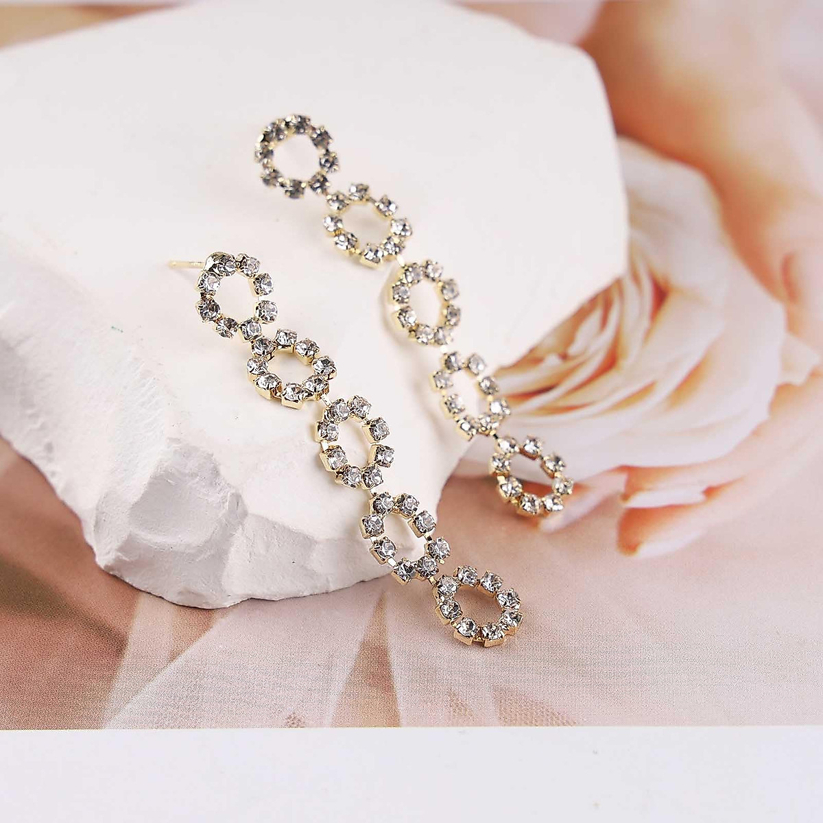 Sttiafay Vintage Crystal Square Drop Earrings Long Rhinestone Tassel Earrings Gold Hollow Square Dangle Earrings Sparkly Cz Bridal Stud Earrings Jewelry for Women and Girls