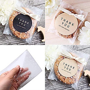 Self Adhesive Cookie Bags Cellophane Treat Bags, Searik White Polka Dot Plastic Pastry Bags with Thank You Labels for Party Gift Giving Bakery Candy Cookie Chocolate (3.94 x 3.94 Inches, 100 Pcs)
