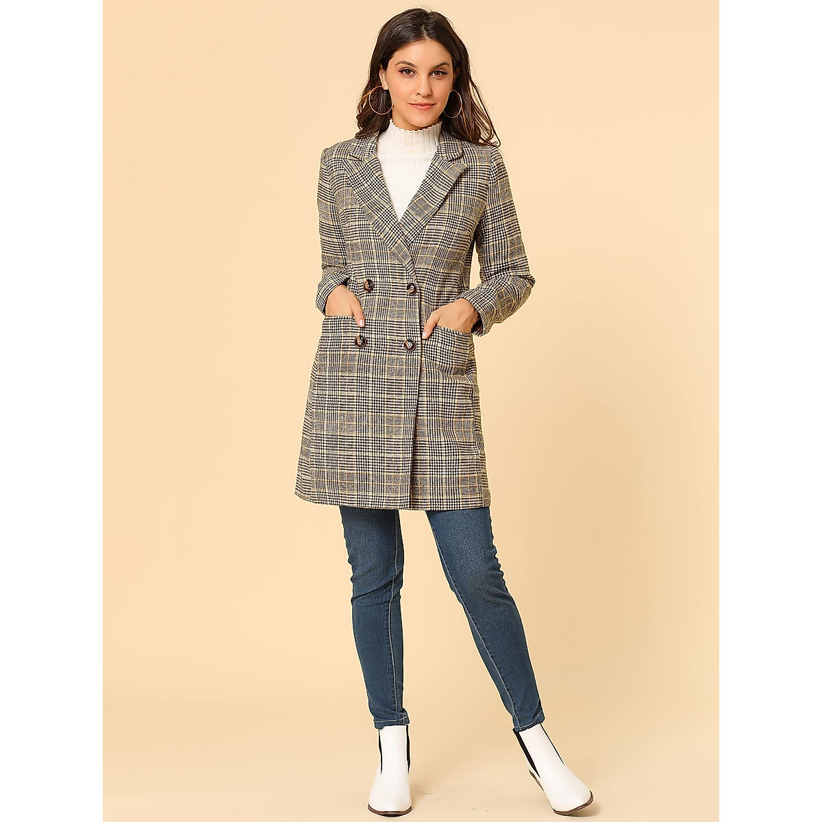 Allegra K Women's Double Breasted Notched Lapel Plaid Trench Blazer Coat Medium Brown