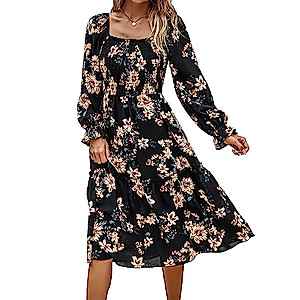 PRETTYGARDEN Women's Long Sleeve Midi Dresses 2023 Square Neck Floral Aline Boho Fall Casual Smocked Dress