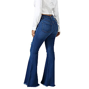 Maiyifu-GJ Women's Ripped Bell Bottom Jeans Destoryed High Waist Raw Hem Flared Jean Slimming Distressed Wide Leg Denim Pants (Dark Blue,Large)