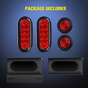Nilight - TL-34 2PCS Steel Trailer Light Boxes Housing Kit w/6Inch Oval Red LED Tail Lights 2 Inch Round Side Marker w/Grommet Plugs Wire connectors, Years Warranty