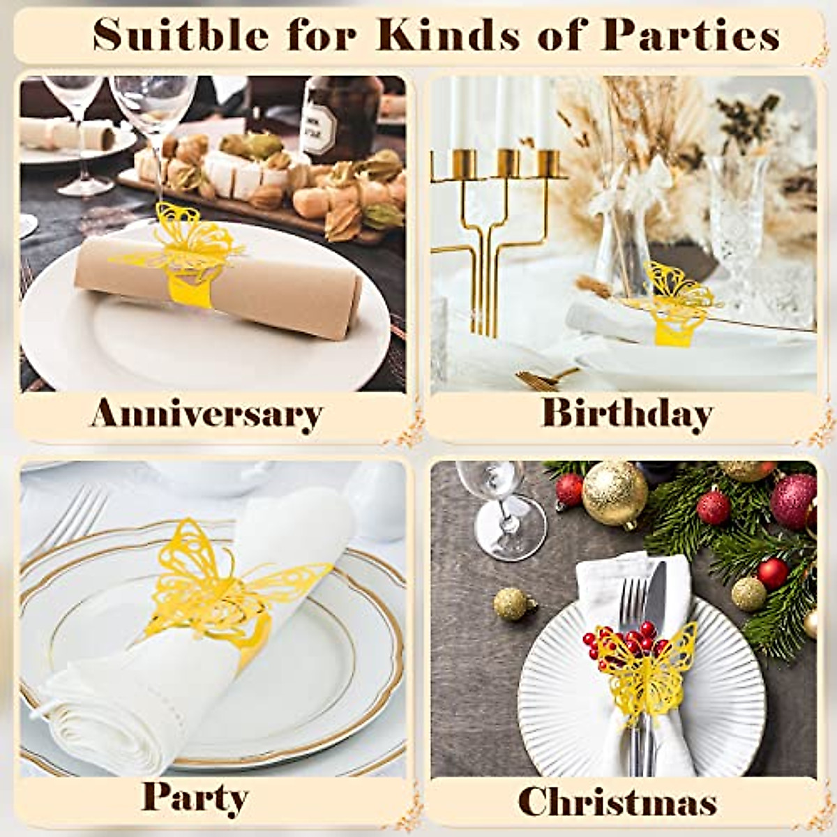 Honitra 100 Rose & Butterfly Napkin Rings, Gold Napkin Rings for Table Decor, Napkin Rings Set of 100 for Luxury Banquet Style, Reusable Paper Napkin Rings for Wedding, Birthday, Anniversary