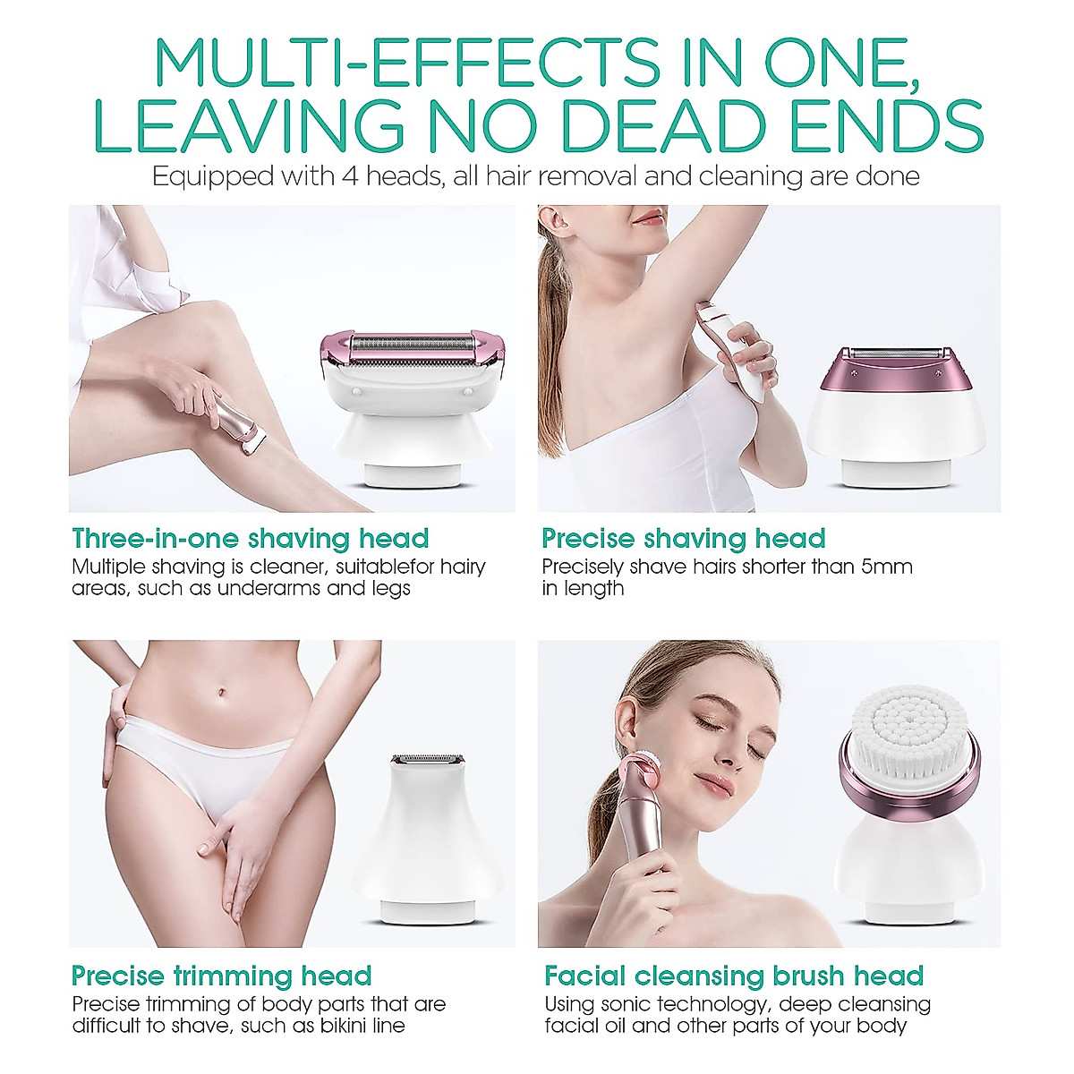 VOYOR Electric Razor for Women - Rechargeable Shaver Wet & Dry Painless Bikini Trimmer Cordless Lady Shavers for Body and Underarms IPX7 Waterproof Hair Removal Set with Face Brush ES400