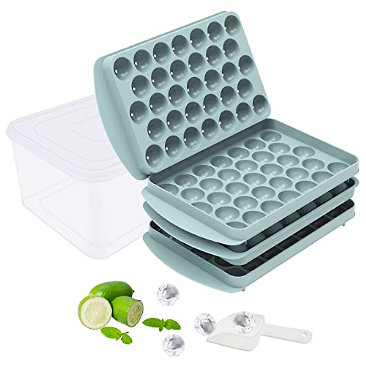 Voraiya®Ice Cube Trays, Round Ice Cube Tray with Lid & Bin, Ice Ball Maker Mold for Freezer, Mini Circle Ice Cube Tray, 66PCSx1.1in Ice Sphere Mold for Cocktail,Whiskey,Coffee,2 Trays