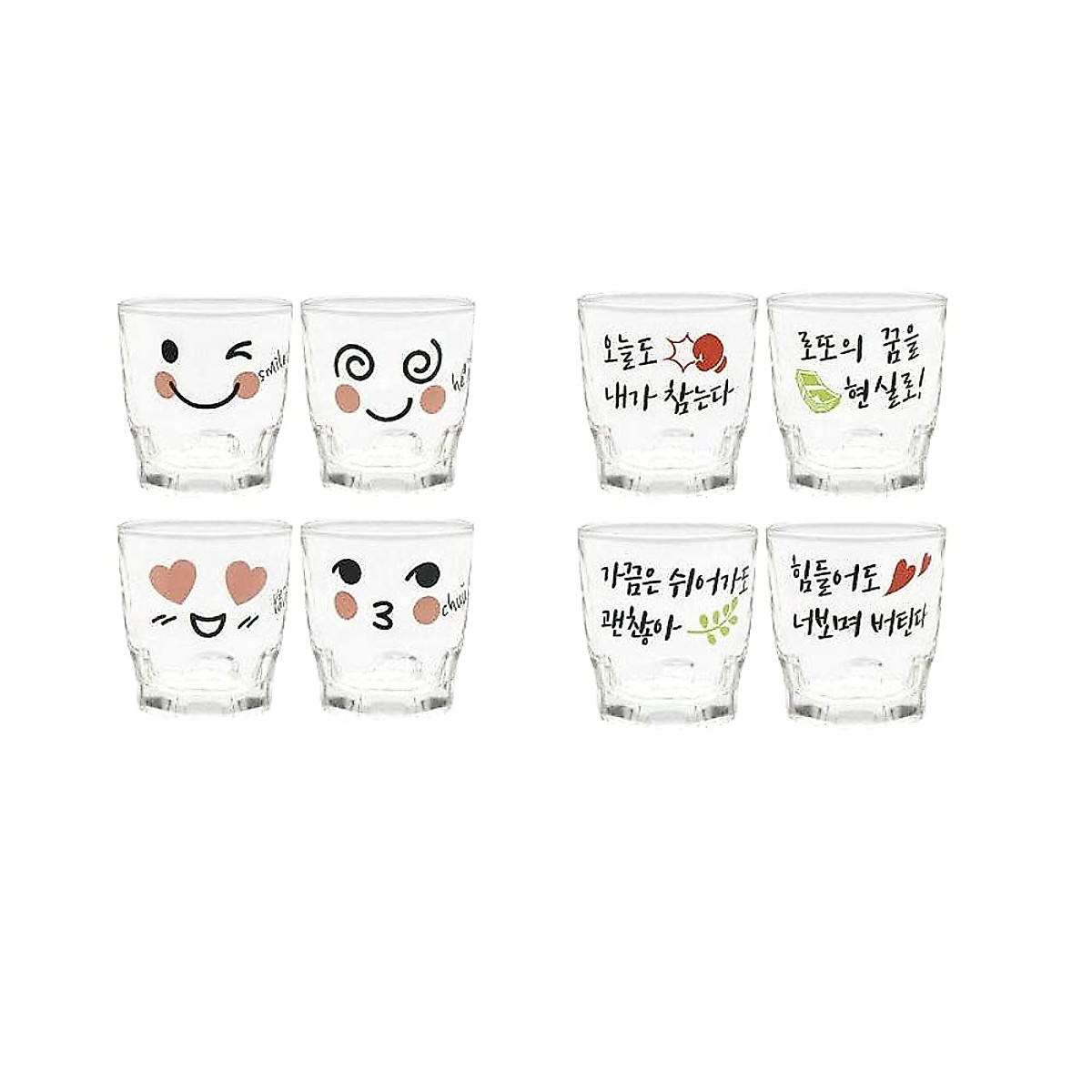SOJU glass Soju shot glass 소주 소주잔 Korean Soju Alcohol glasses Glassware Cute icon Character + Hangul Wise saying 8 PCS