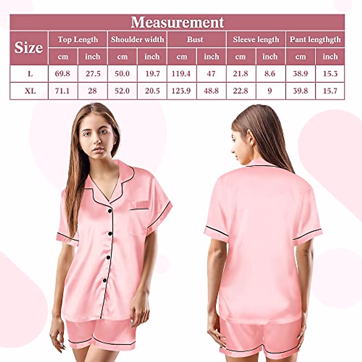 Unittype Women Silk Satin Pajama for Bridal Spa Wedding Party Short Sleeve Sleepwear Soft Button Down Loungewear 2 Pcs Pjs (as1, alpha, l, Pink)