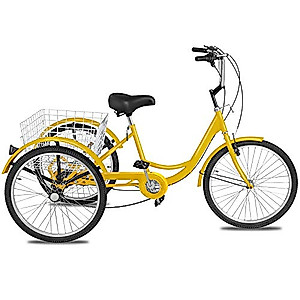 Happybuy 20/24/26 inch Adult Tricycle 1/7 Speed 3 Wheel Bike Adult Tricycle Trike Cruise Bike Large Size Basket for Recreation Shopping (Yellow, 26 Inch / 7 Speed)