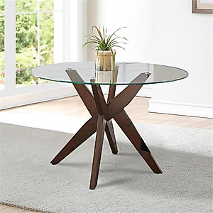 Steve Silver Amalie 48" Round Modern Dining Table with Tempered Glass Top & Solid Rubberwood Base, Architectural Pedesta, Conversational Feel, in Walnut/Clear Finish
