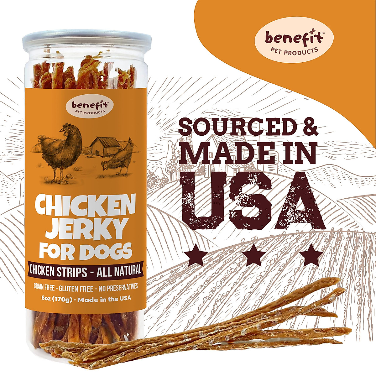 Benefit Pet Products Chicken Jerky for Dogs, Rawhide Free, Single Ingredient, Dog Jerky Sticks - Real Chicken, Healthy Dog Treats, Easily Digestible, Made in USA (6oz jar)