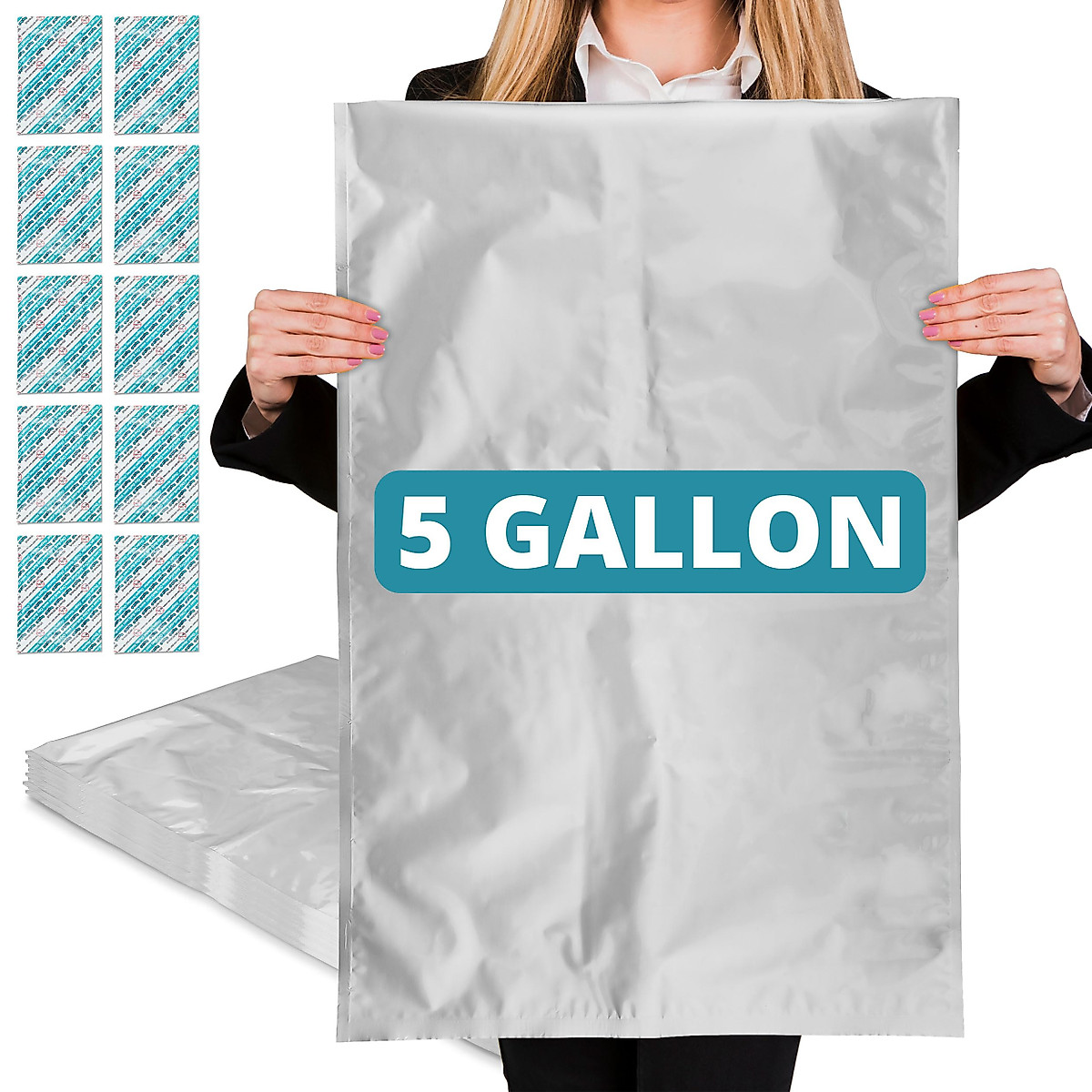 Dry-Packs 10 5 Gallon Mylar Bags with Oxygen Absorbers for Food Storage, 2000cc Oxygen Absorber, Long Term Food Storage Solution, Durable and Reliable Mylar Bags, 20"x30" Silver