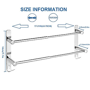 BIGLUFU Stretchable 17-31 Inches Double Bath Towel Bar Bathroom Towel Rack Hooks Kitchen Hand Towel Holder Dish Cloths Hanger SUS304 Stainless Steel Wall Mounted No Drill Space Saving 2-Bar Silver