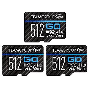 TEAMGROUP GO Card 512GB 3 Pack Micro SDXC UHS-I U3 V30 4K for GoPro & Drone & Action Cameras High Speed Flash Memory Card with Adapter for Outdoor, Sports, 4K Shooting, Nintendo-Switch TGUSDX512GU362