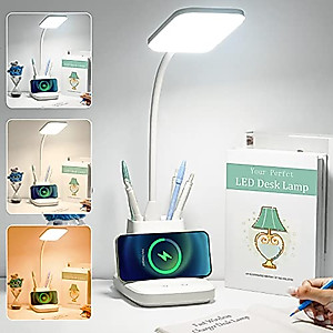 GOLSPARK Desk Lamp with Wireless Charger, Eye-Caring LED Desk Lamps for Home Office, Touch White Small Desk Light Dimming 3 Colors, 800LM, Gooseneck Study Lamp with Pen Holder for College Dorm Room