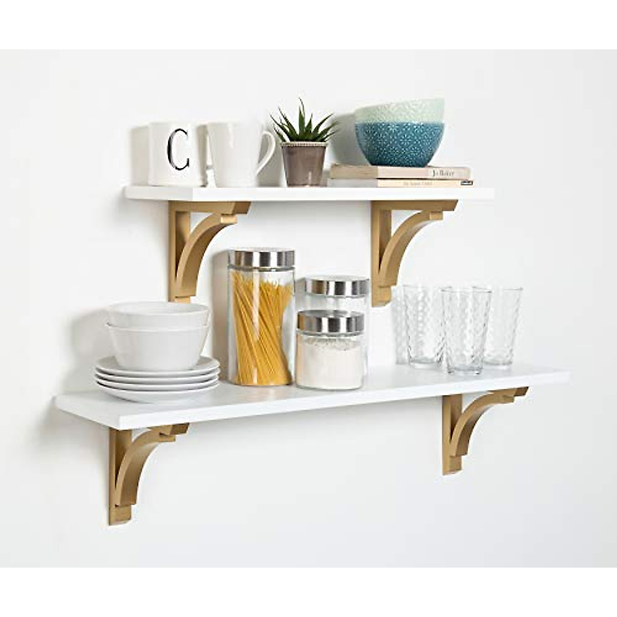 Kate and Laurel Corblynd Traditional Wood Wall Shelf, 36 inches, White with Gold Corbels