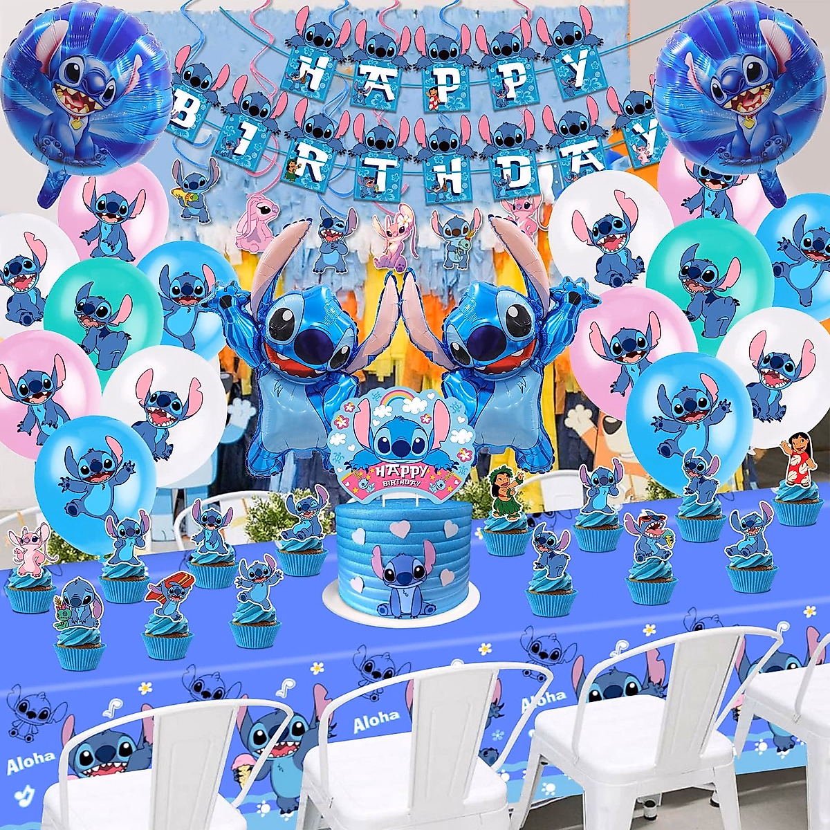 Stitch Party Supplies, 103PCS Birthday Decorations Set Include Banner, Balloons, Stickers, Hanging Swirls, Cake Cupcake Toppers, Tablecloth for Boys Girls Stitch Theme Party