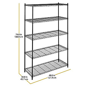 Whitmor Supreme Tier Shelving 5 Adjustable Shelving-500 Pound Weight Capacity Per Shelf-Leveling Feet, 18" x 48" x 74", Black