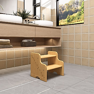 CONSDAN Step Stool, USA Grown Solid Hardwood Oak, Wooden Step Stool for Adults Kids Seniors, Bathroom Kitchen Toilet Living Room Bedroom Helper Stool (Natural Oak)