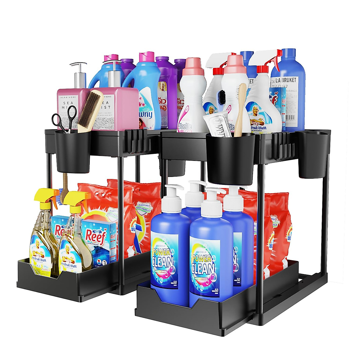 Stackable Under Sink Organizers and Storage - DILEASIR Upgraded 12in Heightened Sticks 2 Tier Under Sink Organizer with 4 Hanging Cups, 8 Dust Plugs, 8 Hooks, Multi-function Storage, Black, 2 Pack