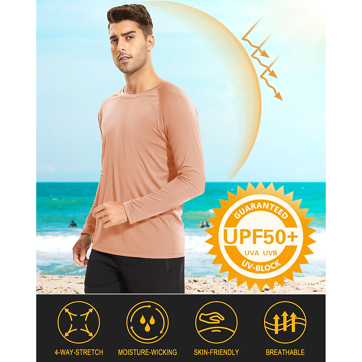 Rashguard Shirts for Men Long Sleeve Sun Protection Shirts Athletic T-Shirt Cycling Shirts Outdoor Shirts Men Camping Shirts Hiking Shirts for Men Apricot