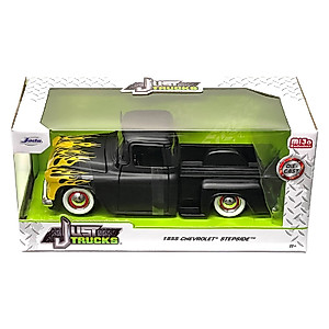 MiJo Exclusives Jada Toys 1:24 1955 Chevrolet Stepside Truck - Matte Black with Yellow Flames - Just Trucks - 34294