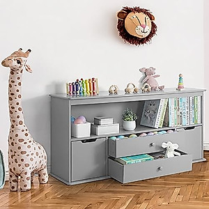 CAPHAUS Toy Storage Organizer with 4 Drawers, 52”W x 13”D x 24.4”H, Grey, Toy Organizer Bins, Toy Storage Organizer Bins with Shelf, Bookshelf for Reading, Storing, Playing, for Kids, Boys and Girls