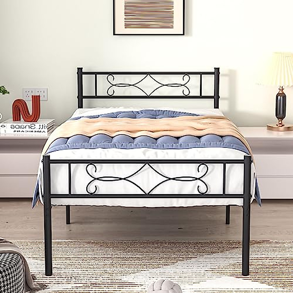 VECELO Twin Size Bed Frame Metal Platform/Mattress Foundation with headboard Footboard/Steel Slat Support/No Box Spring Needed/Easy Assembly