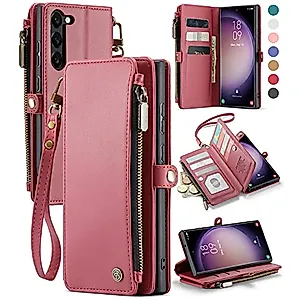 Defencase Compatible with Samsung Galaxy S23 Plus Case Wallet with Card Holder for Women Men, PU Leather Magnetic Snap Flip Zipper Strap Phone Case Fit for Galaxy S23 Plus 5G 6.6", Rose Red