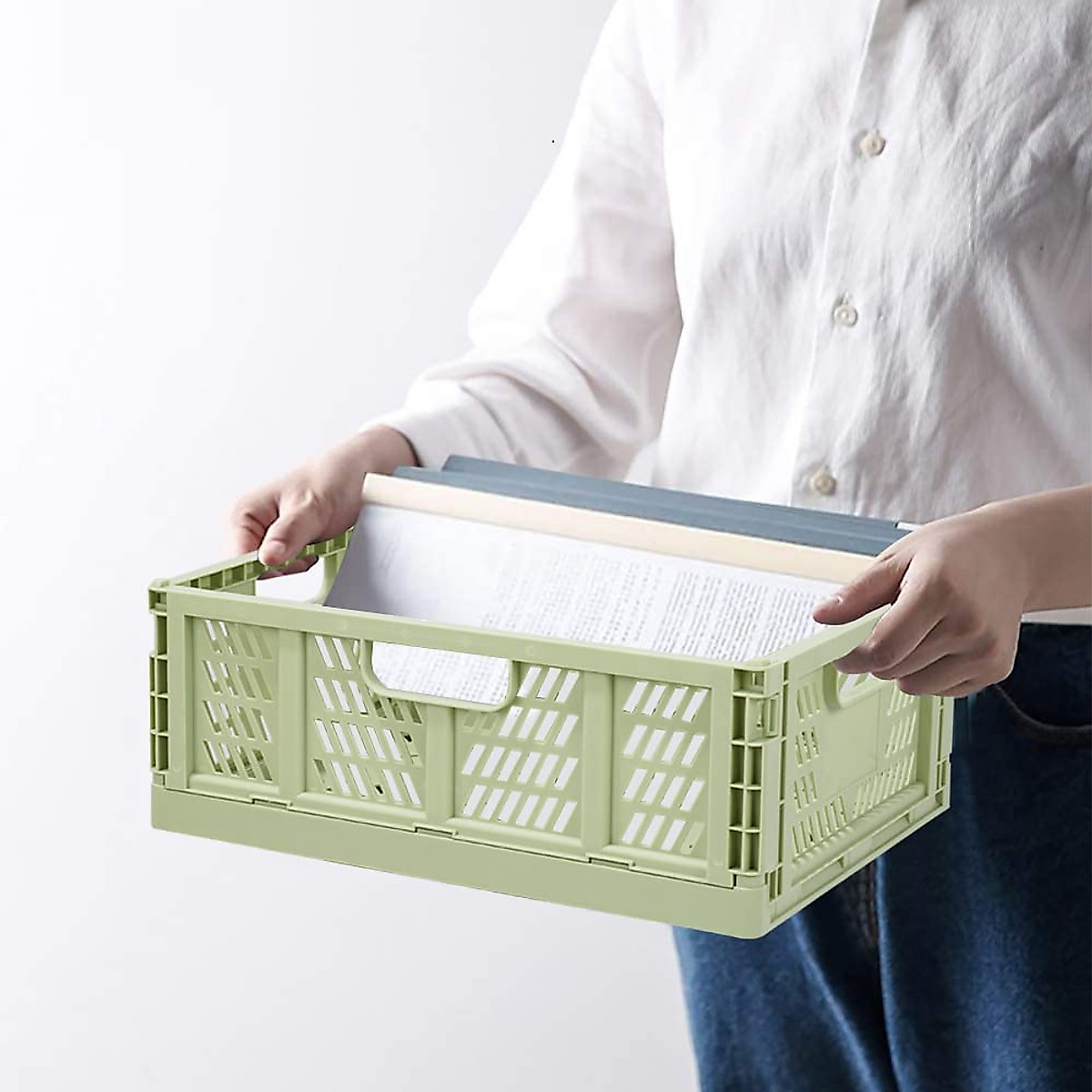 Phyllia 4 Pack Plastic Storage Baskets, Pantry Organizer Basket Bins with Handles, Foldable Storage Baskets for Organizing Shelves Closet Home Kitchen Bathroom Office (Green, 13.3"x10.2"x5.1")