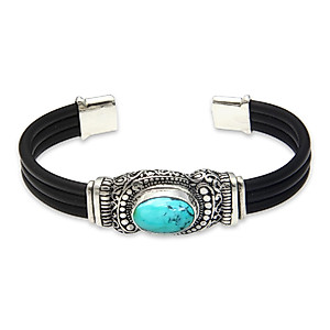 NOVICA Artisan Handmade Sterling Silver Cuff Bracelet Reconstituted Turquoise Rubber Black Blue Indonesia [6 in L (end to End) x 0.4 in W] ' Royal Splendor'