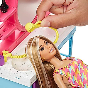 Barbie Doll and Hair Salon Playset with 15 Styling Accessories and Furniture, Long Color-Change Hair and Printed Dress