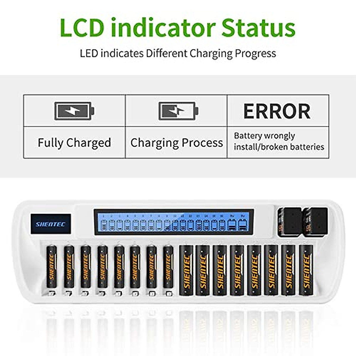 Shentec 16+2 Bay Smart Rechargeable Battery Charger with LCD Display for AA AAA NiMH Batteries & Li-ion 9V Rechargeable Batteries with AC Wall Adapter (Not Fit for AA AAA Li-ion Batteries)